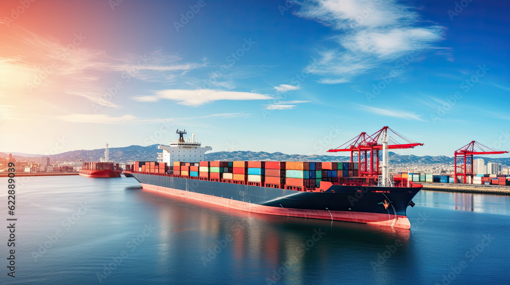 Rear view cargo container ship. Business logistic transportation sea ...