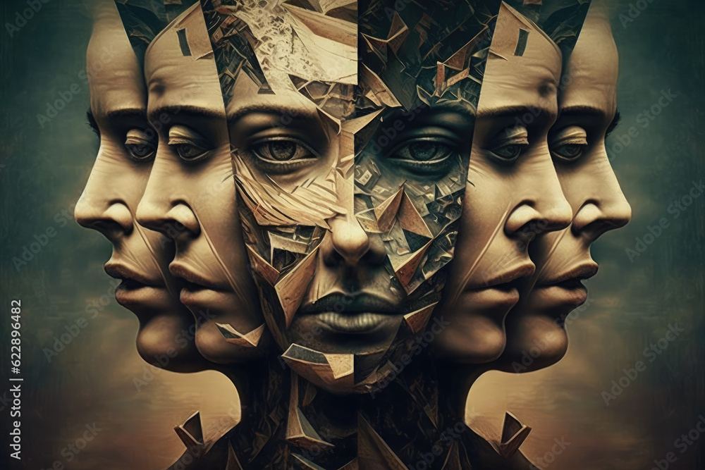 A surreal depiction of a person with multiple faces or body parts ...