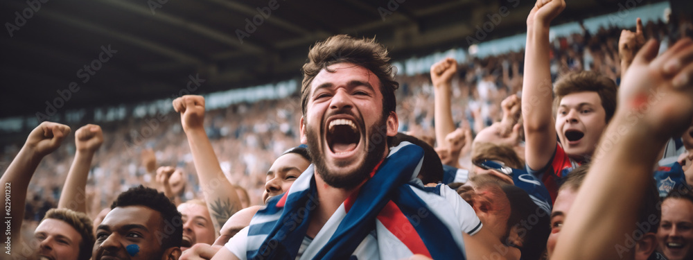 French fan, emotions overwhelm. Supporters cheer in bleacher in French ...