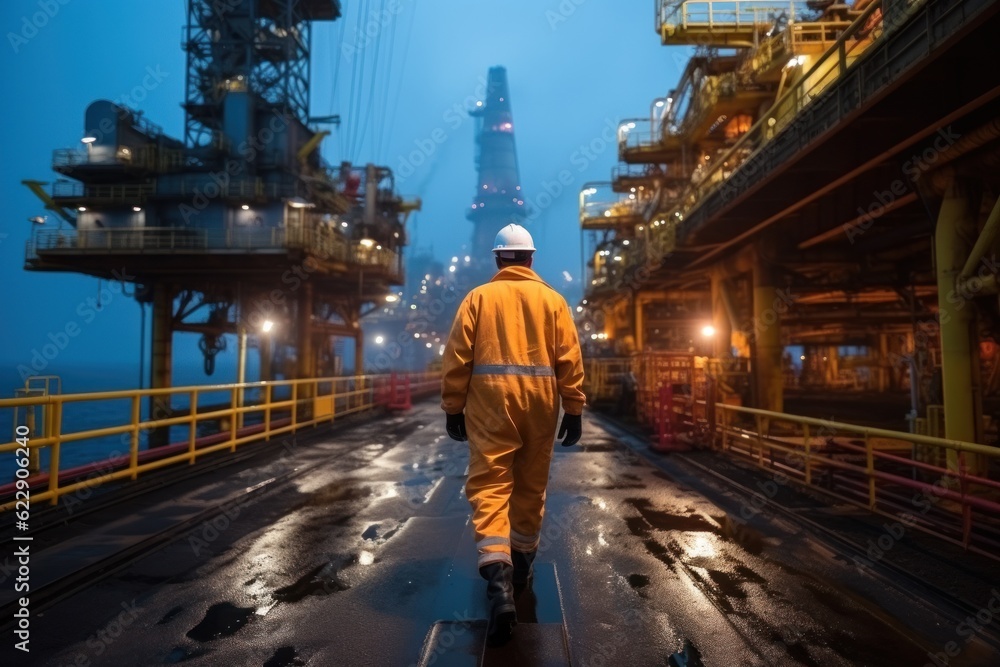 An offshore oil rig worker walks to an oil and gas facility to work in ...