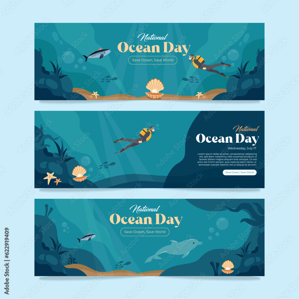 World Ocean day Concept Art Set. illustration of a blue Ocean day in a ...