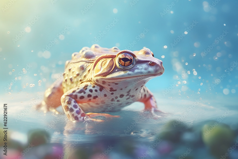 Cute frog above water surface create water splashes on blurred ...