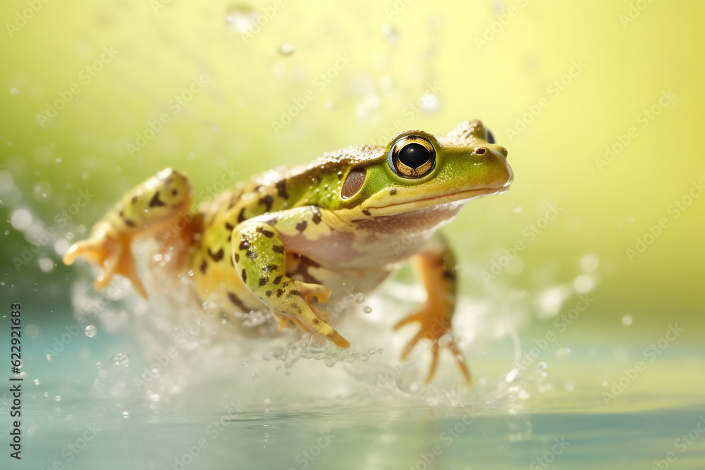 Cute frog above water surface create water splashes on blurred ...