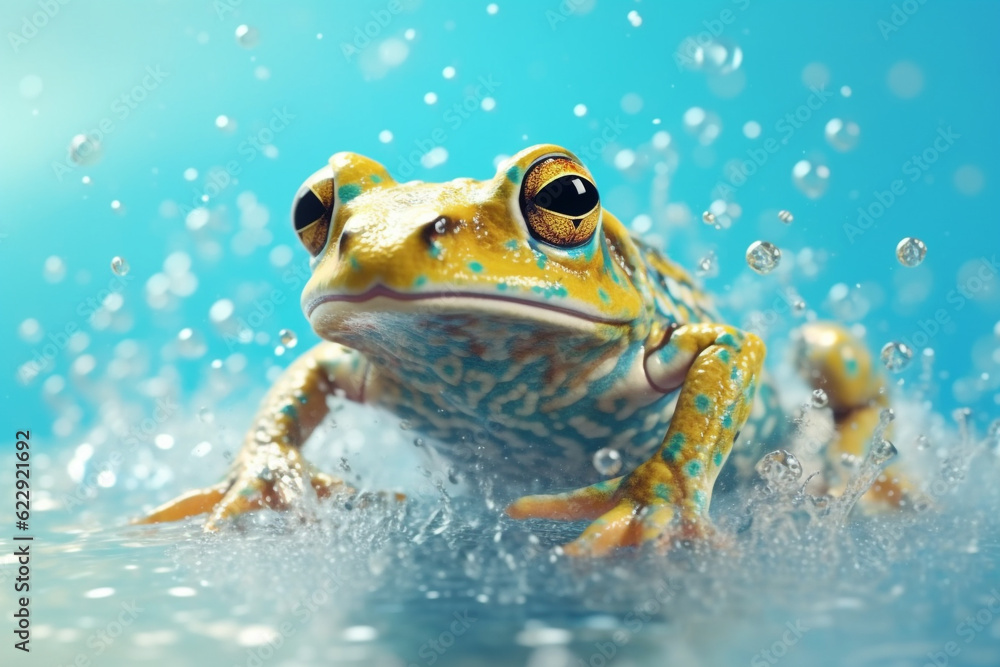 Cute frog above water surface create water splashes on blurred ... Cute frog above water surface create water splashes on blurred ...