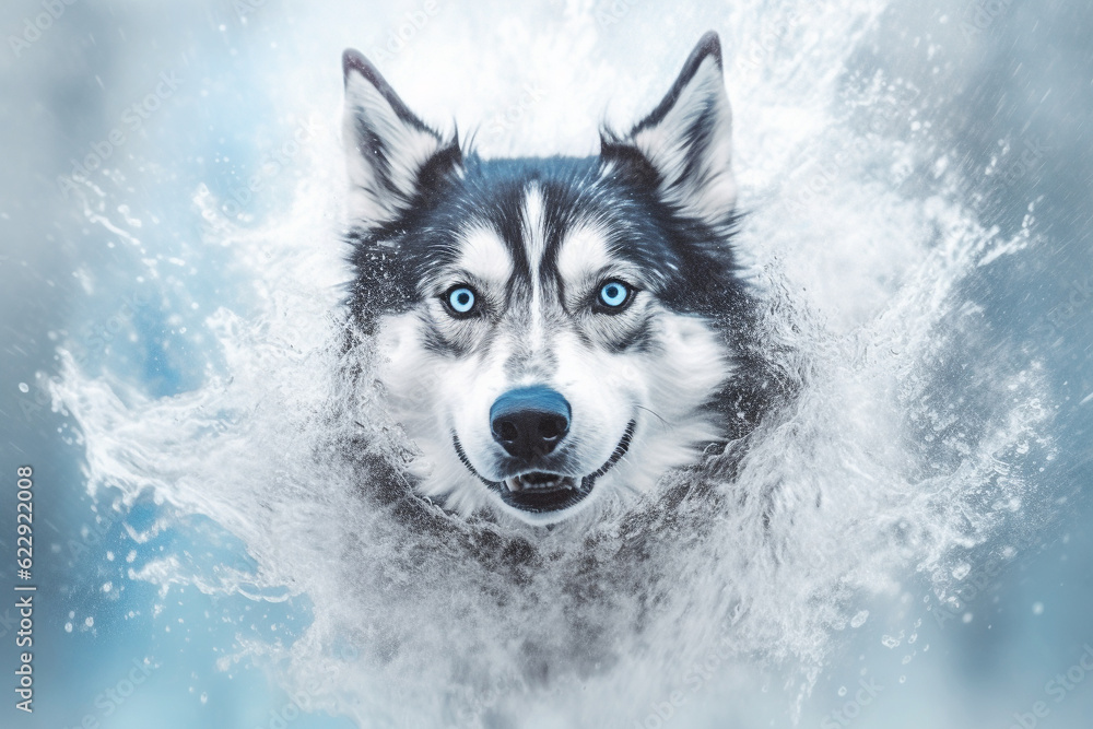 Pure cute husky dog running in the water with a lot of splashing on ...