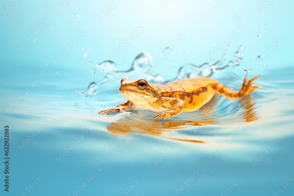 Cute newt above water surface create water splashes on blurred ...