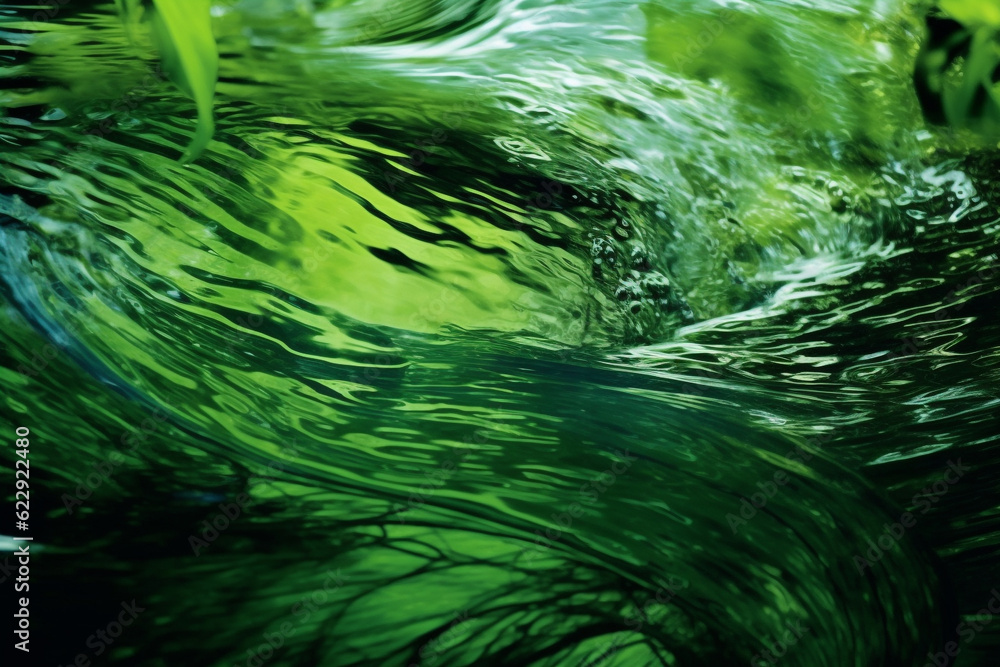 green leaves reflecting in the water, shallow focus, reflection of ...