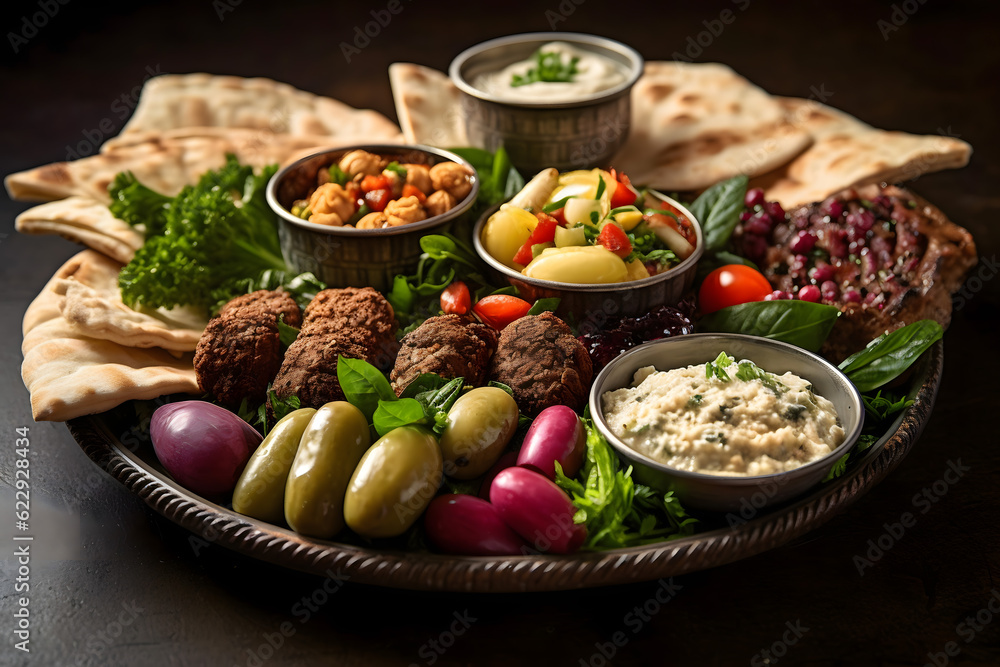 Mezze Platter: Middle Eastern-inspired platter featuring hummus, falafel, stuffed grape leaves ...