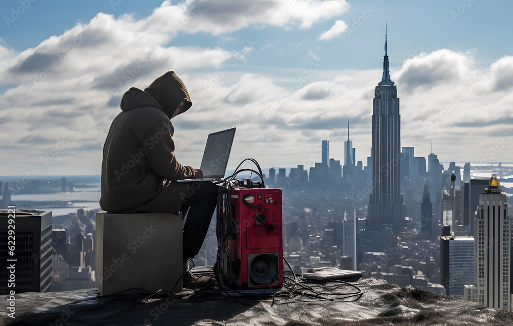 Anonymous hacker with hoodie typing laptop at the top of skyscraper. AI ...
