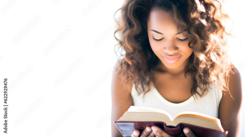 African woman reading. bible book. Worship at home. AI generated Stock ...