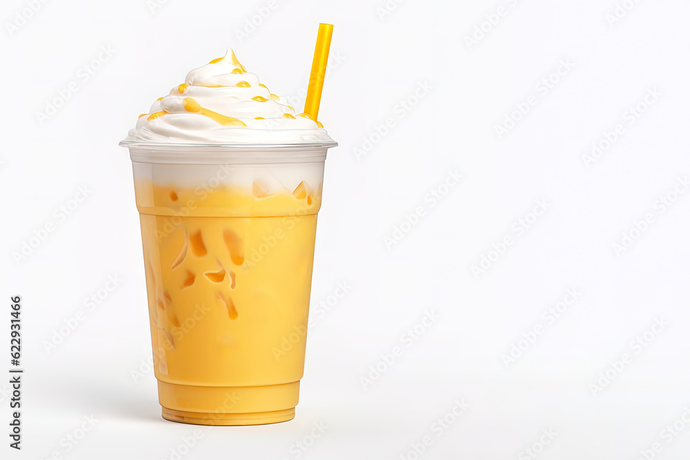 Mango smoothie milkshake in plastic takeaway cup isolated on white ...
