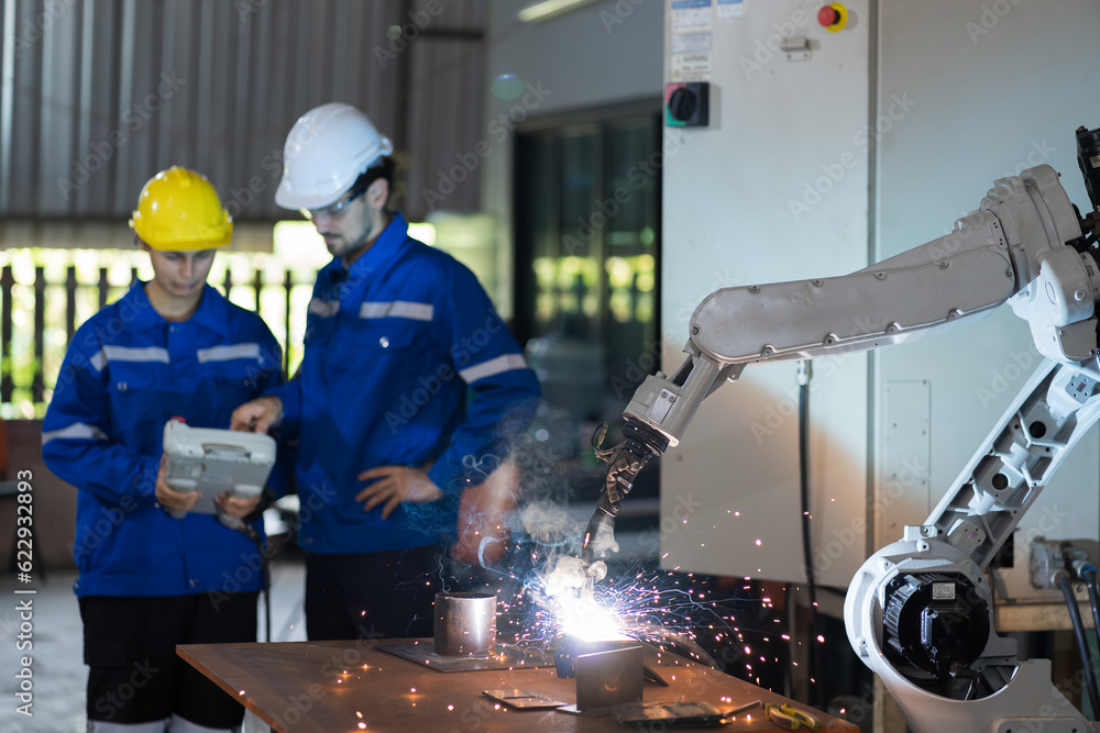 Industrial Manufacturing Robotic Arms. Male and female engineer worker ...