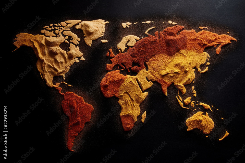 World map made of different spices powder on black background, world ...