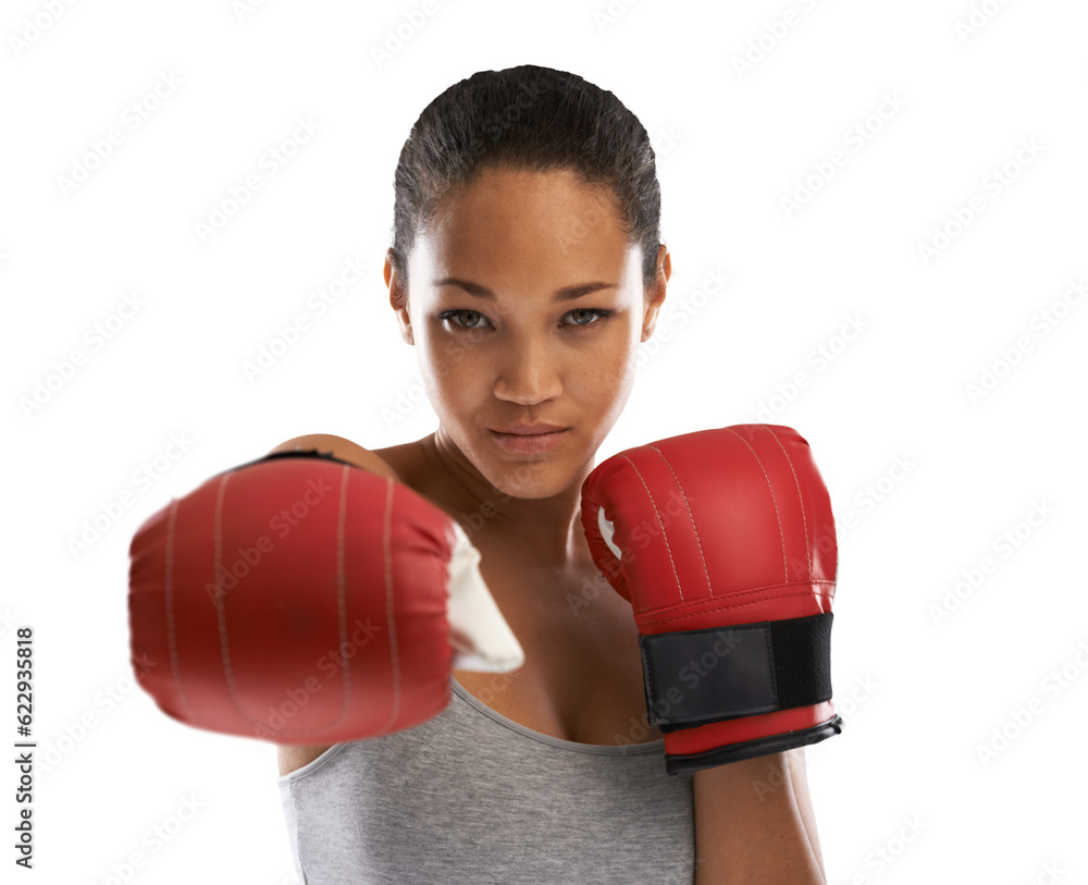 Boxing, woman and portrait with gloves for sports isolated on ...