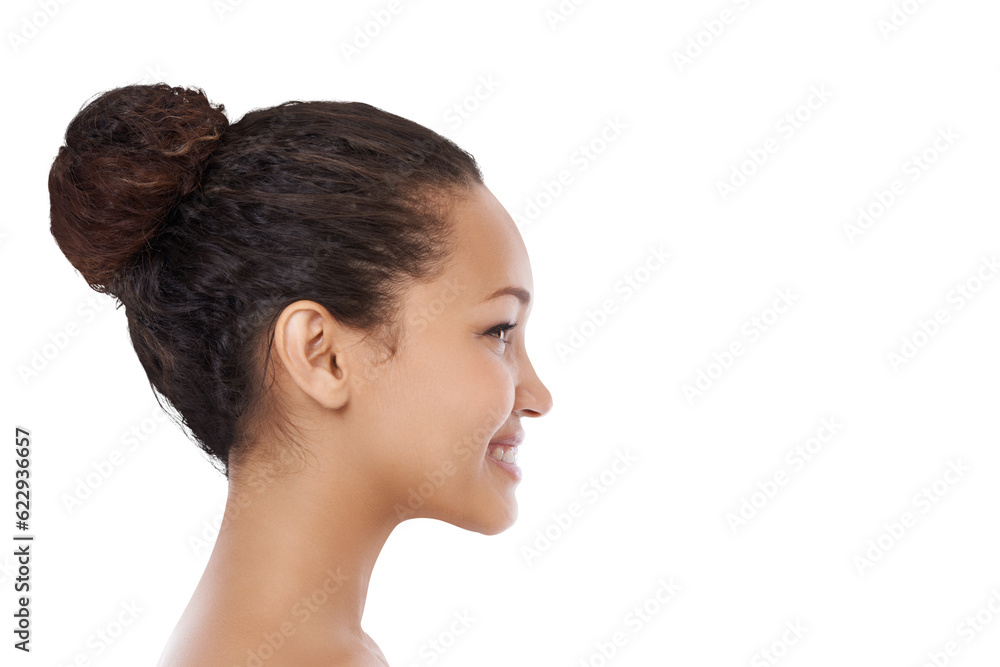Face, woman and smile in side, profile and isolated on a transparent ...