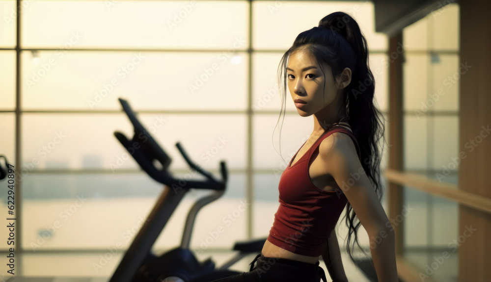 Japanese woman with great body shape working out in a sports gym ...