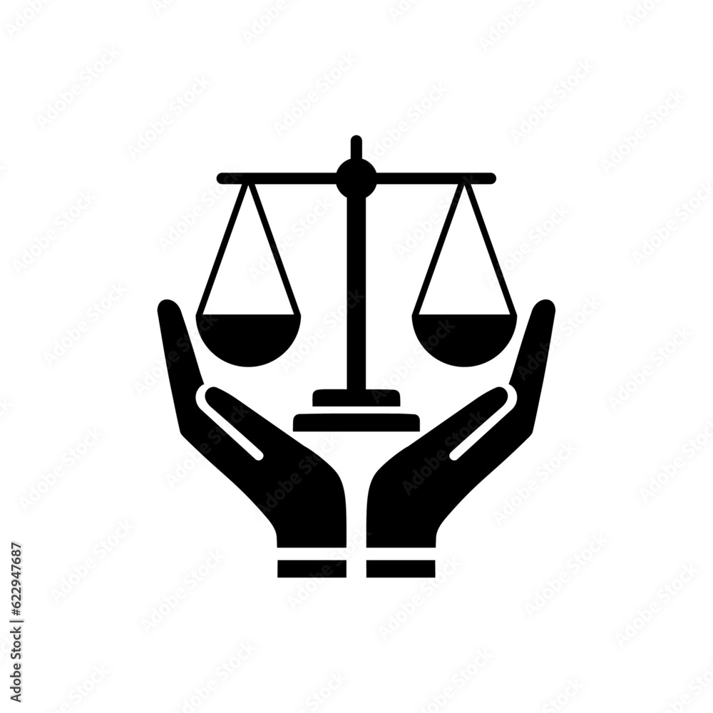 Law icon. Black and white. Two hands hold up scale of justice and law ...