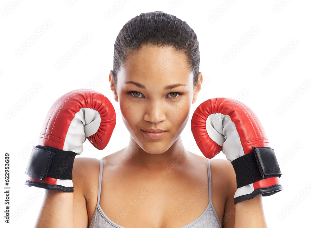 Boxing, face of woman and portrait with gloves for sports isolated on ...