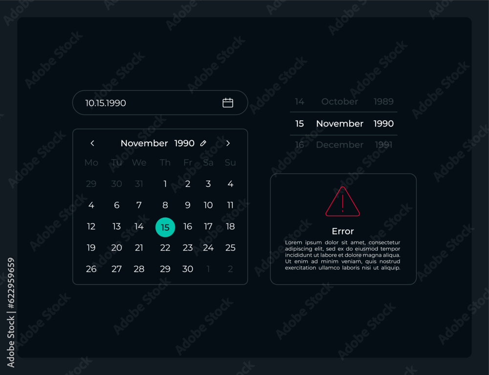 Calendar date picker UI elements kit. Isolated vector components. Flat ...