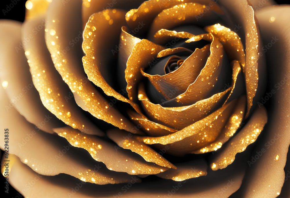 Gold rosebud with gold dusted particles close-up with shiny glow, gold ...