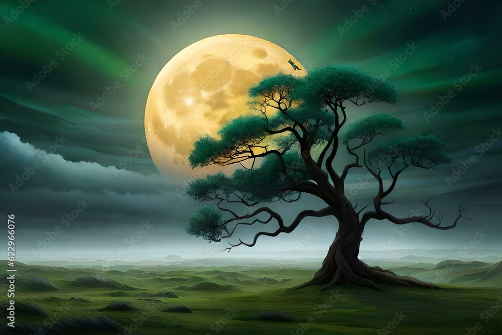 the tree is bent down with the moon on its back and its looks ...