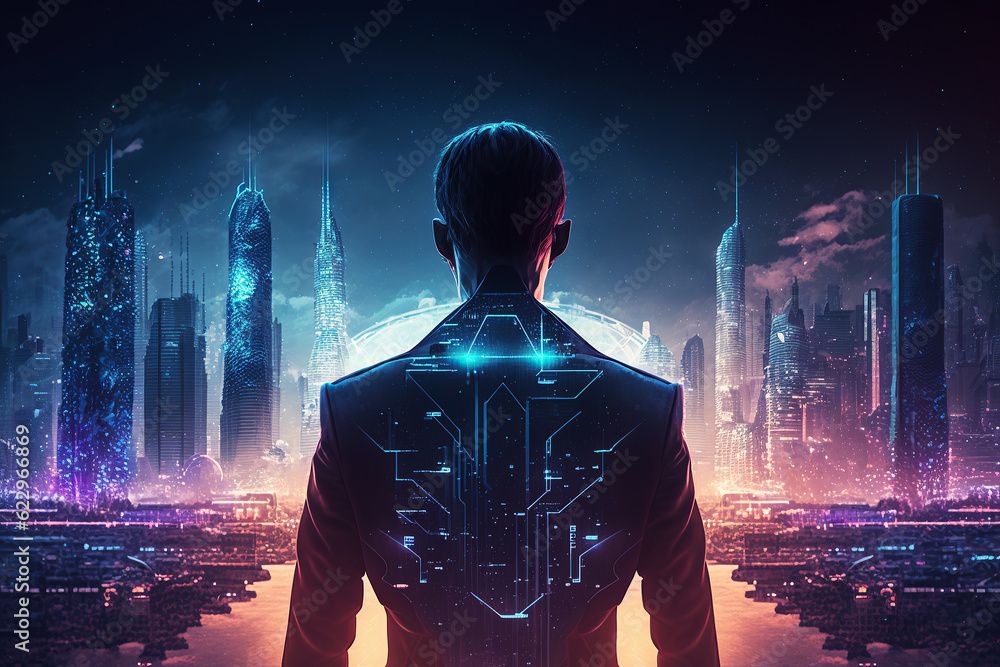 ai generated illustration of Cyber city at night, man standing on roof ...