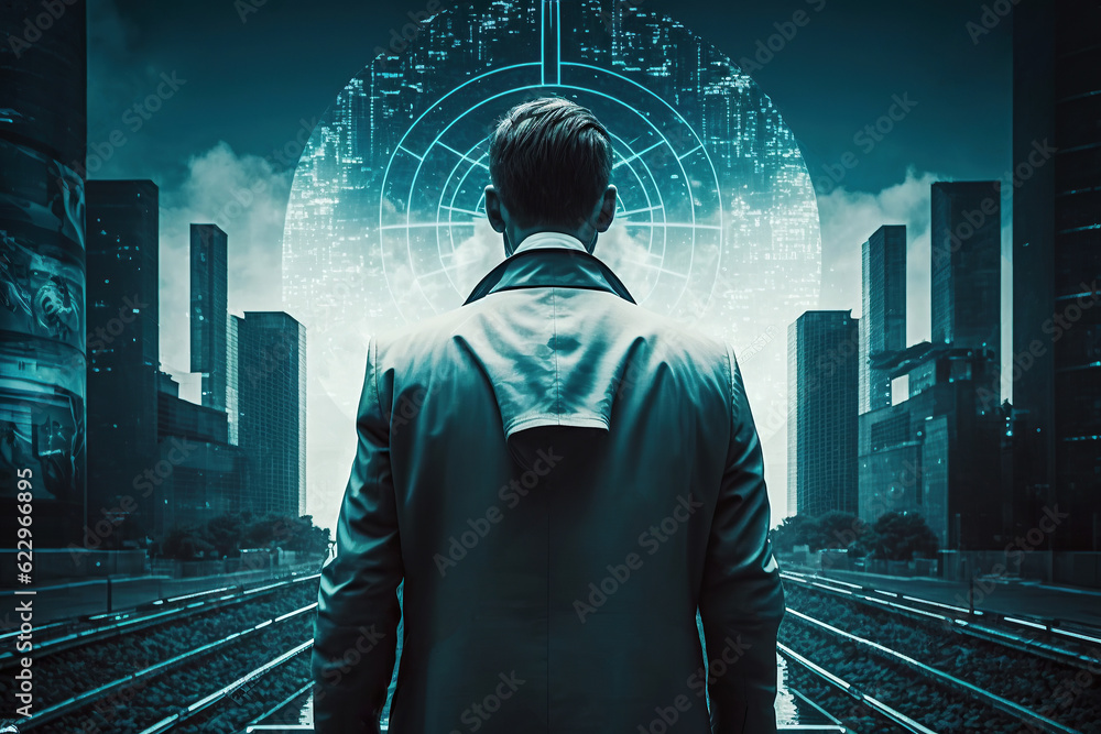 ai generated illustration of Cyber city at night, man standing on roof ...