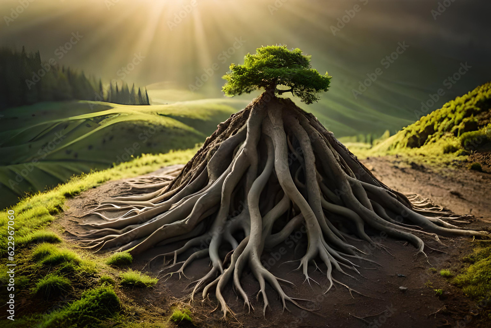 A sapling that grows on the large roots that support it. New concept of ...