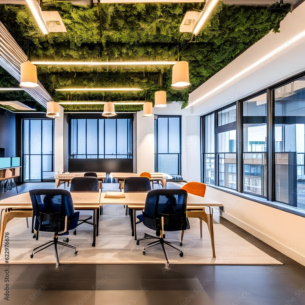 127 A contemporary coworking space with flexible workstations ...