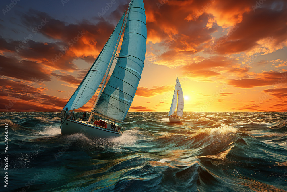 Beautiful sailboat sailing om sunset, Racing sail boat, ships race in ...