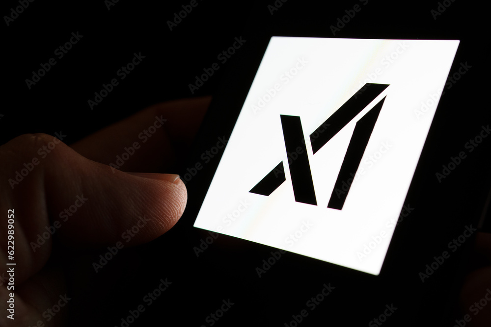 xAI company logo seen on the screen. Elon Musk created artificial ...