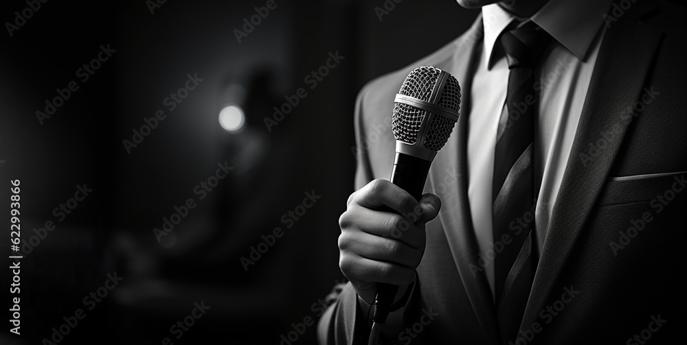 Host of event in suit holding microphone during performance while ...