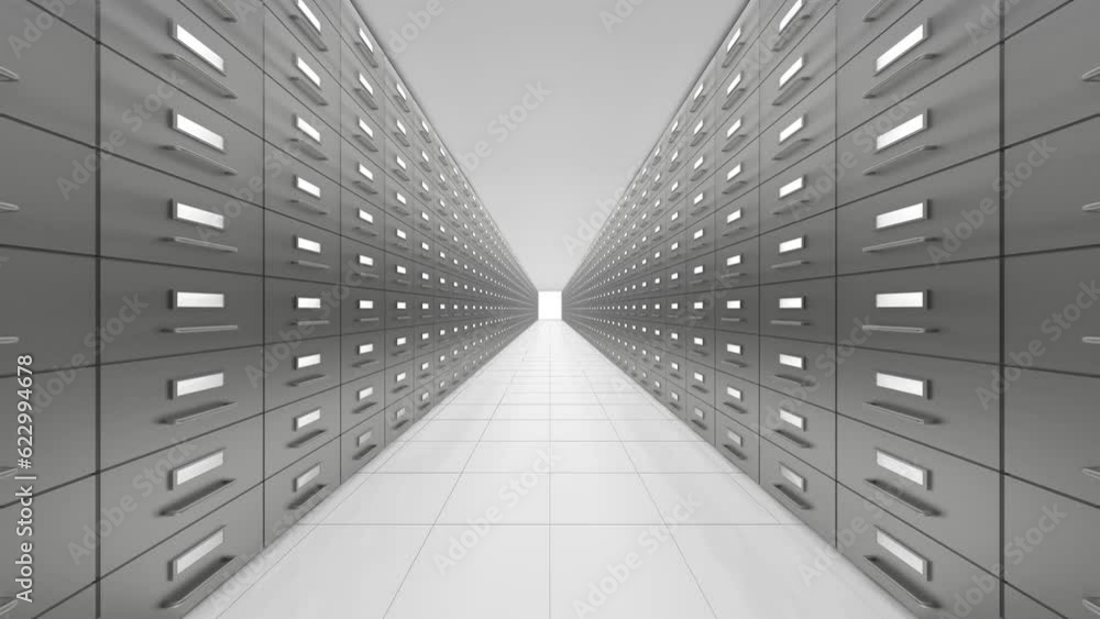 Long rows of metal boxes in the archive 3D 4K animation. Big data ...