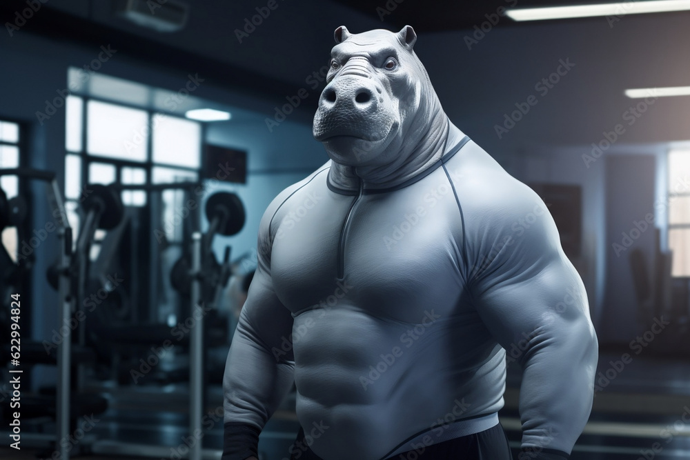 fit Hippopotamus standing at the gym, Muscle-Bound Hippo Flexing Its ...
