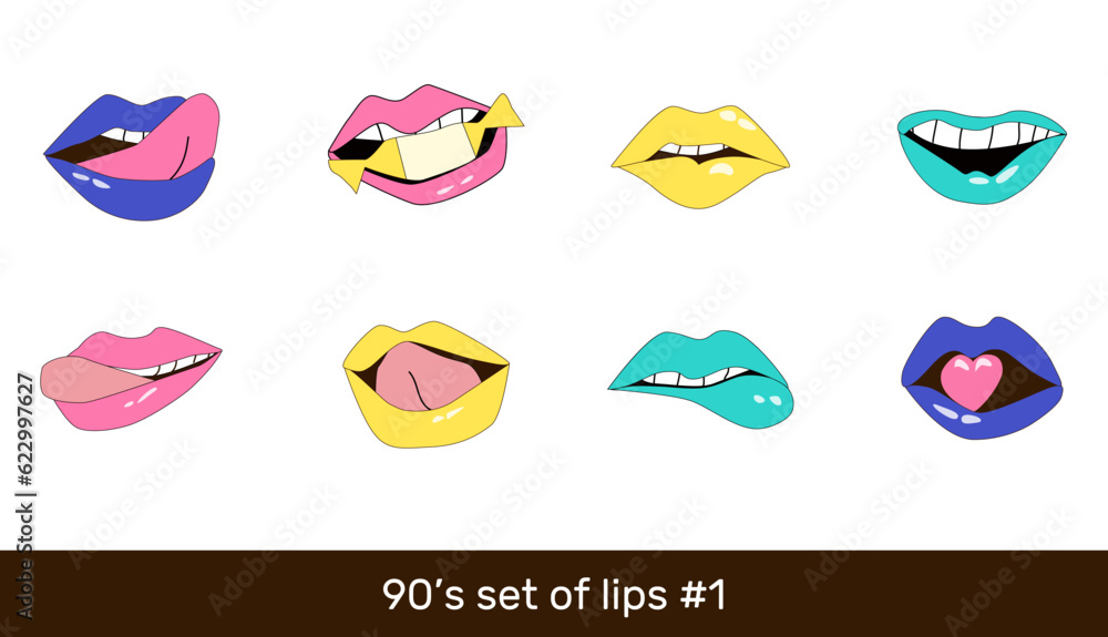 90-s set of lips. Retro cartoon 90s or y2k elements set in trendy style ...