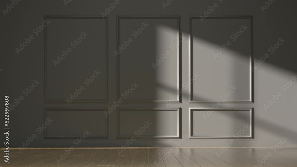 Sunshine through window with shadow moves in the dark empty room ...