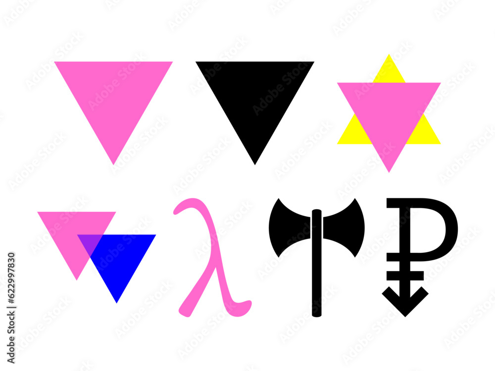 Triangle badges LGBT, biangles for bisexuality, lambda for gay ...