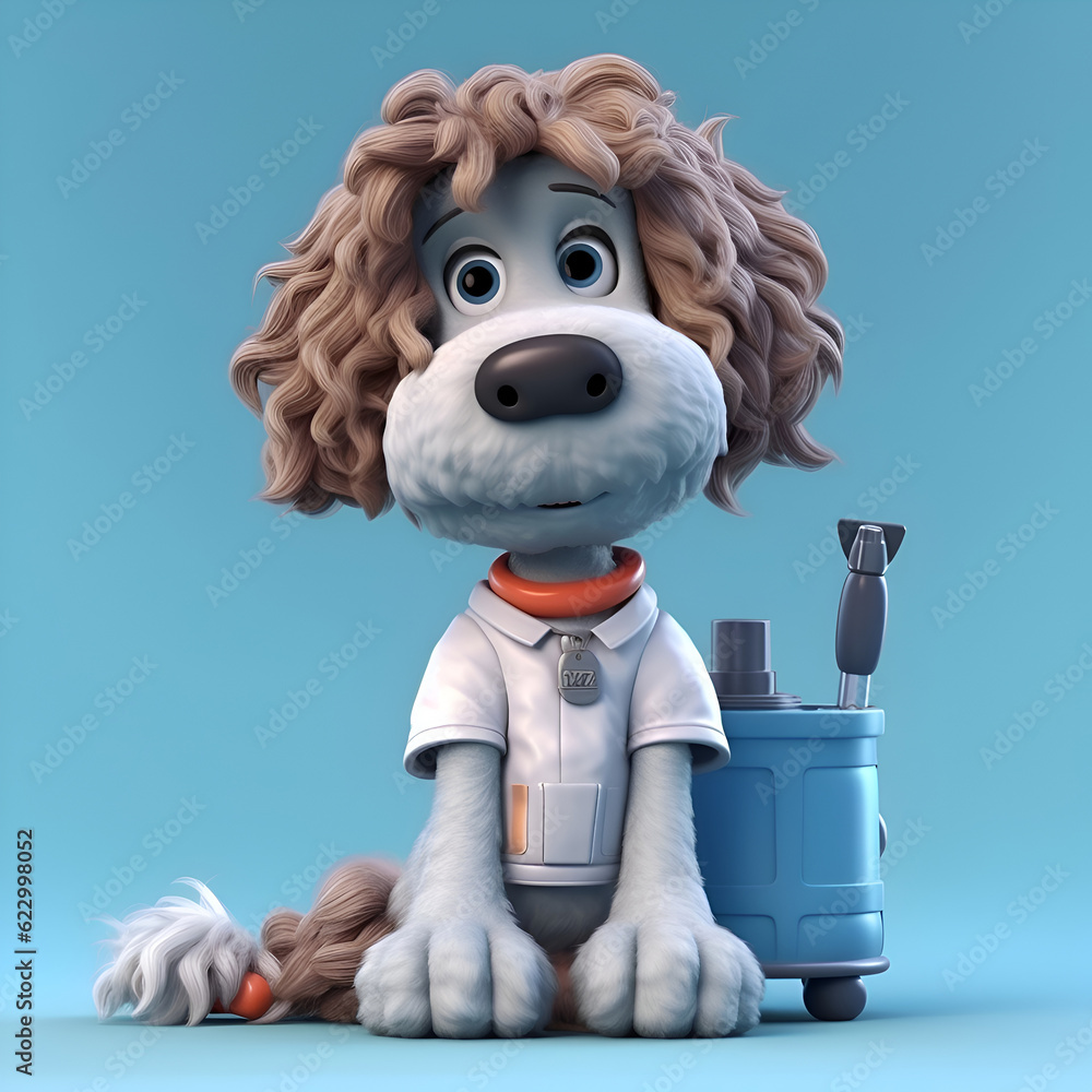 Cartoon dog doctor with a stethoscope and a suitcase on a blue ...