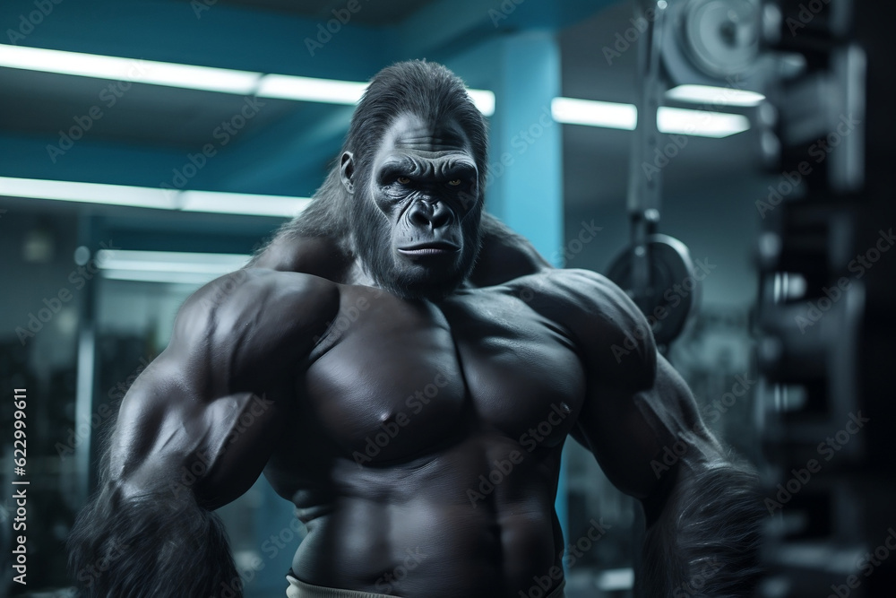 fit Gorilla standing at the gym, Muscular Gorilla Flexing at the Gym ...