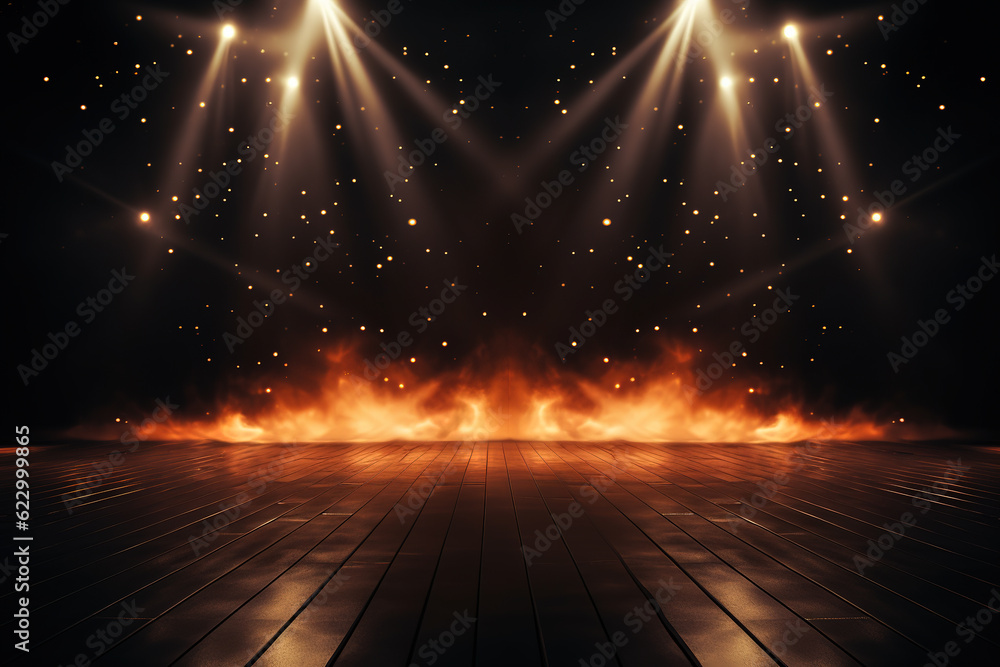 spotlights shine on stage floor in dark room with fire candle flame ...