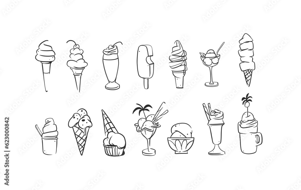 Hand drawn vector abstract cartoon ice creram cone,sundae line art ...