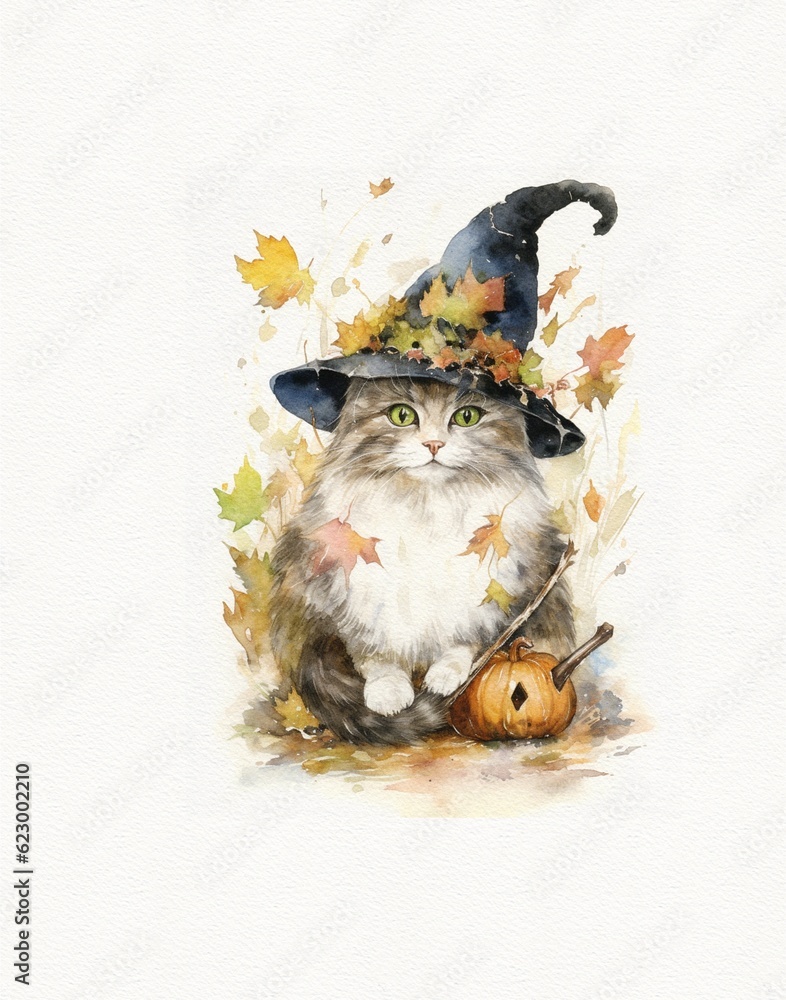 Cute cat in a witch hat, watercolor drawing of a cat on a white ...