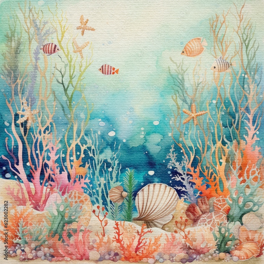 Watercolor drawing of the underwater world, pastel colors of marine ...