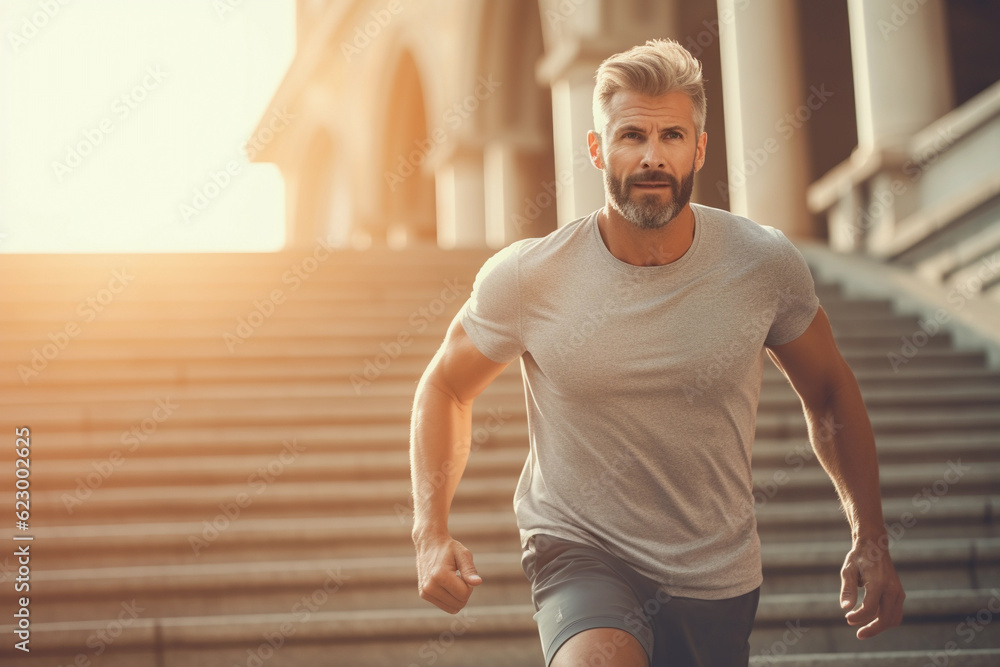 Healthy lifestyle middle aged man runner running upstairs on city ...