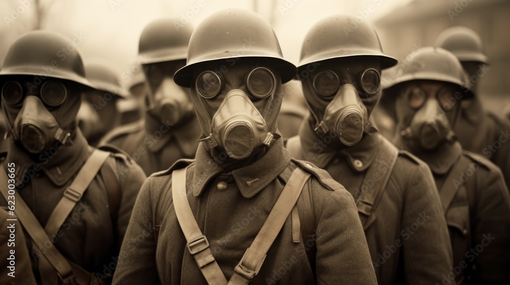First World War Soldiers in Trenches Anticipating Gas Attack, Donning ...