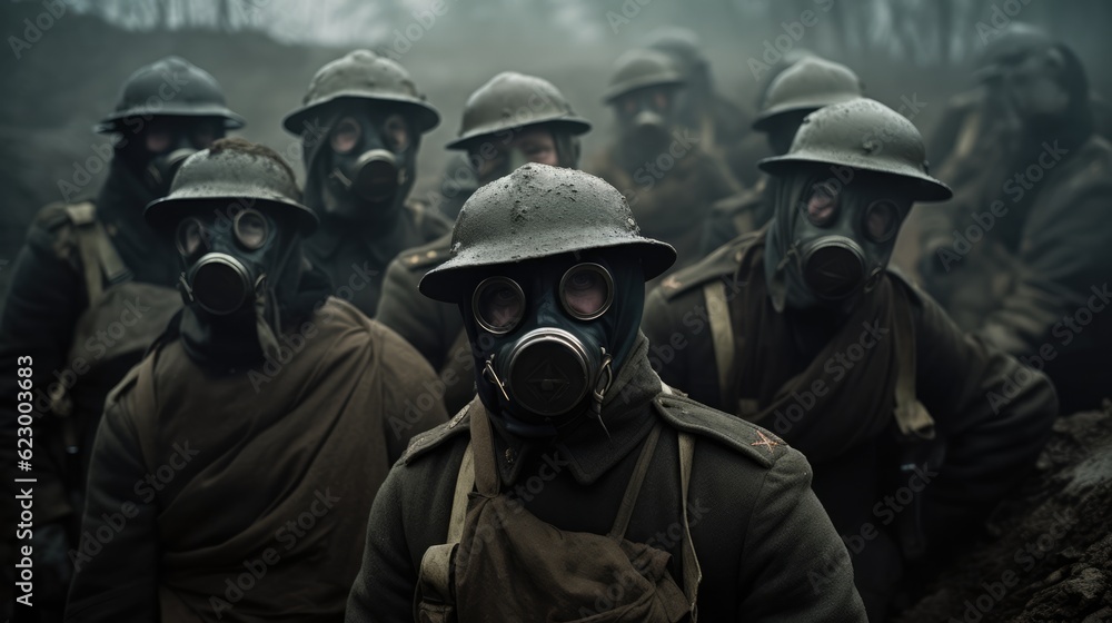 First World War Soldiers in Trenches Anticipating Gas Attack, Donning ...