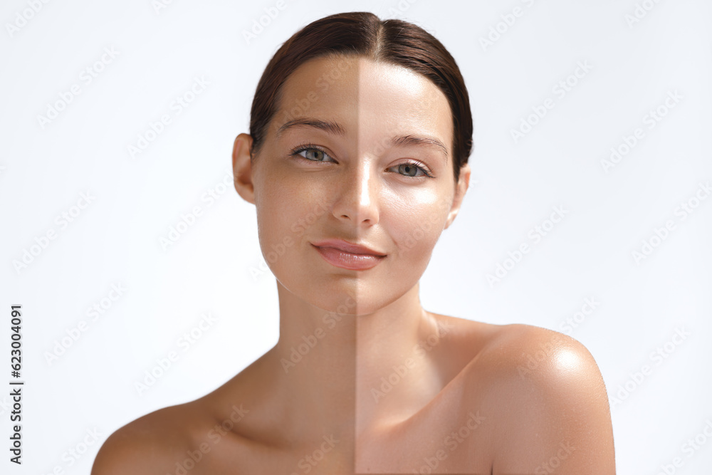Skin Whitening or Solarium Tanning Conceptual Portrait Photo of Asian ...