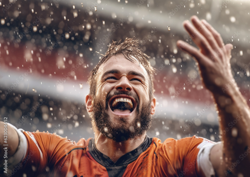 Portrait of champion athlete on stadium , emotions of a winner, joy ...