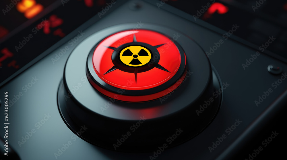 Big Red Button with Nuclear Logo on Control Panel: Symbolic Image of ...