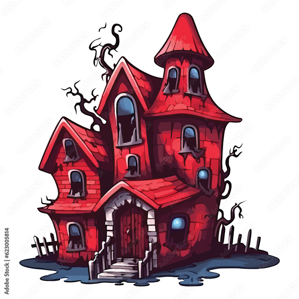 Enigmatic Dwelling: 2D Artwork Depicting a Red Haunted House Stock ...